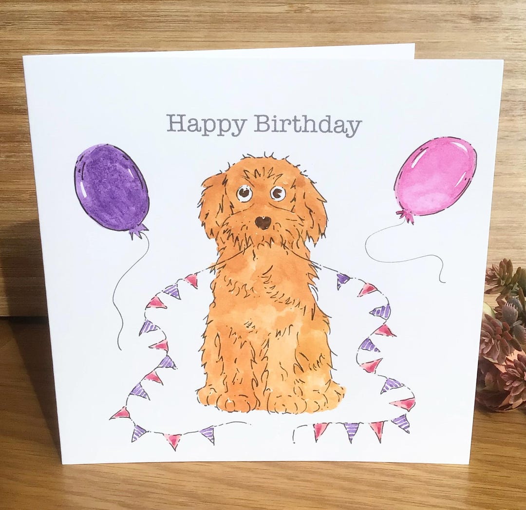 Red Labradoodle Cockapoo Happy Birthday Card Funny Cute Dog With Flags ...