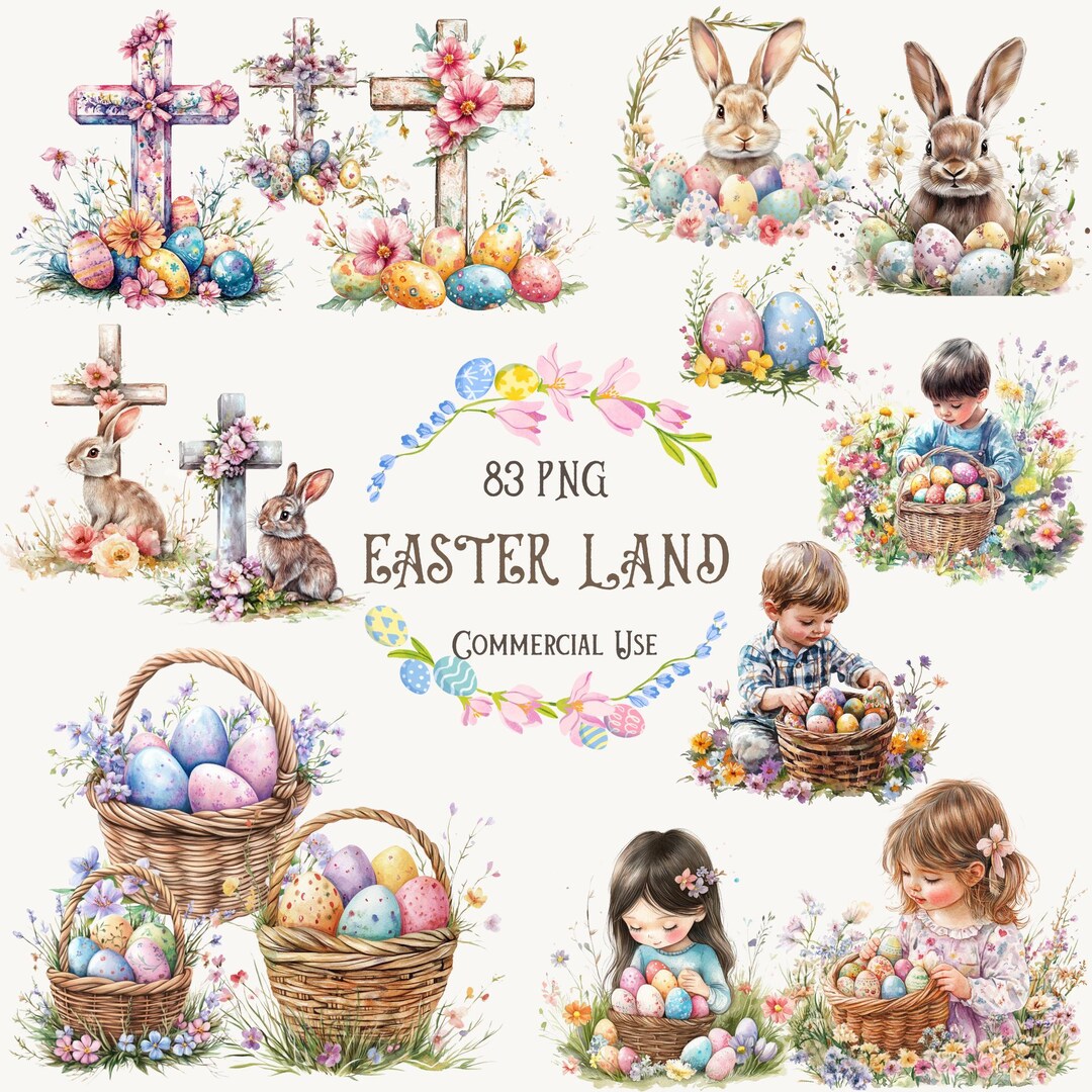 Watercolor Easter Bunny Clipart Bundle Png, Easter Florals Png, Kids ...