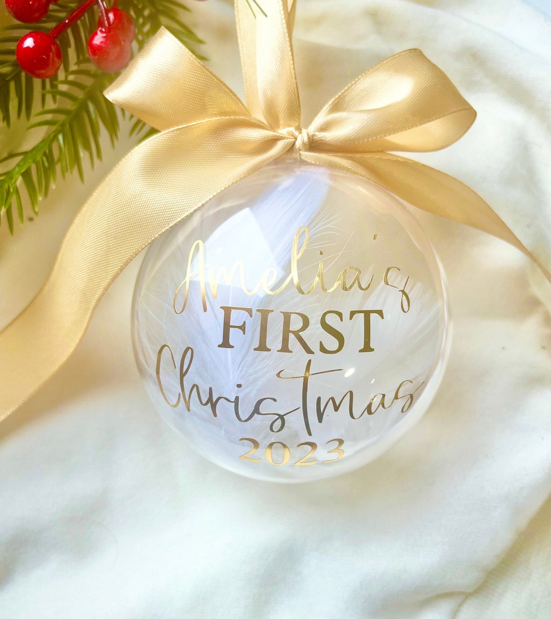 Personalised Baby's First Christmas Bauble | Feather Filled Ornament ...