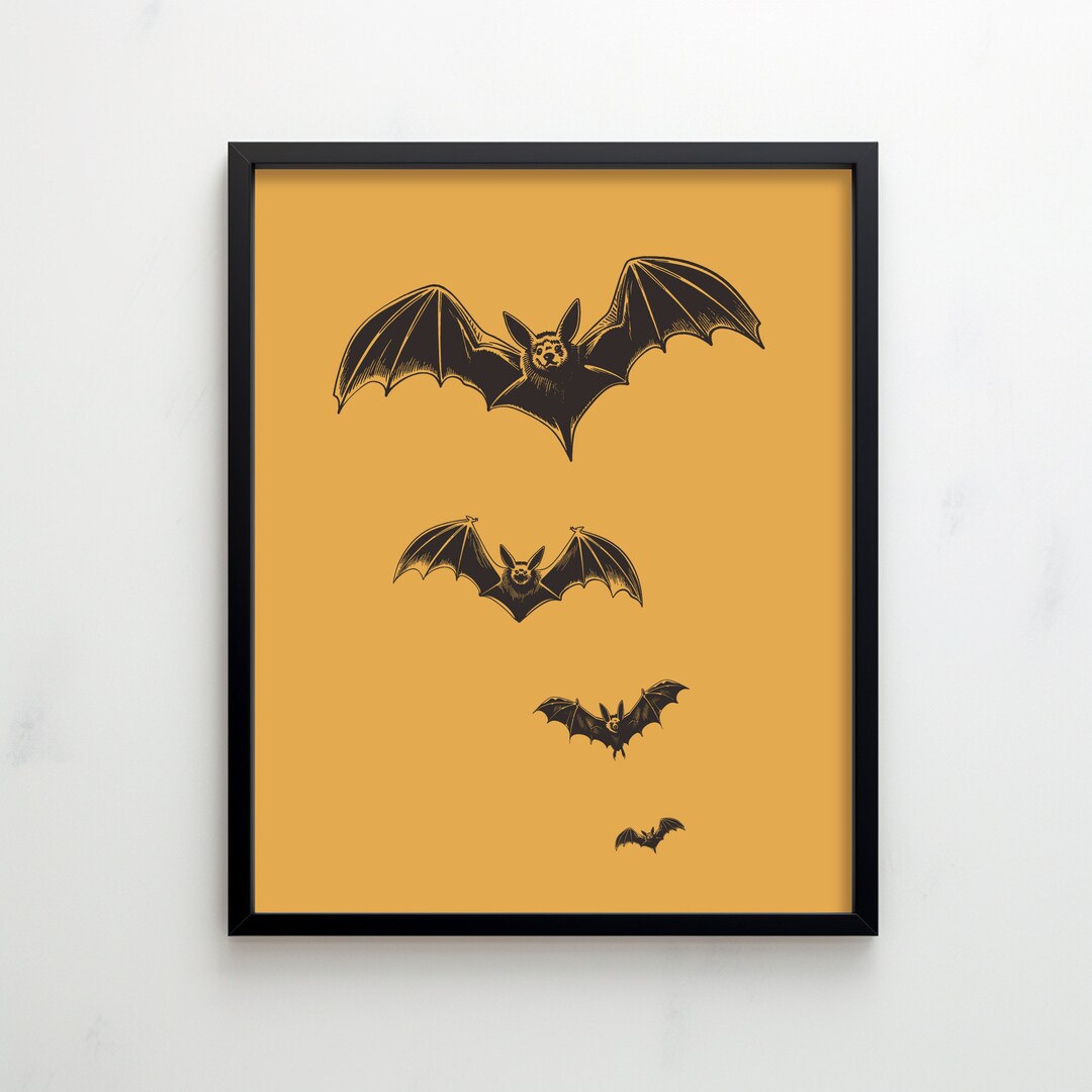 Flying Bats Wall Art, Graphic Poster, Orange Design, Dark Animal ...