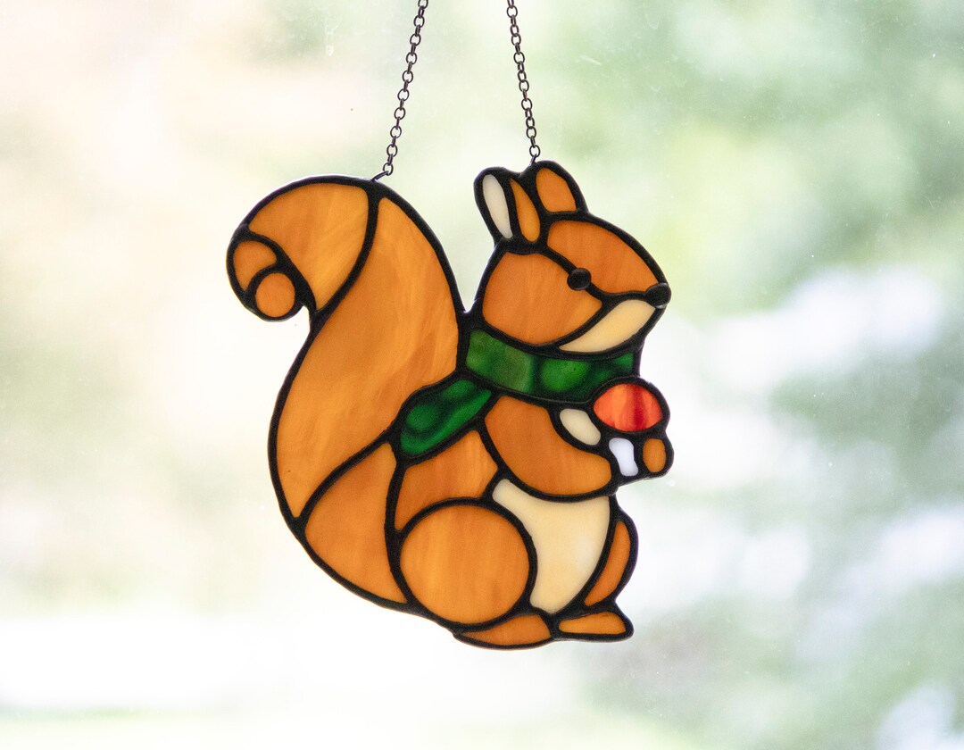 Stained Glass Squirrel Holding a Mushroom Suncatcher - Etsy