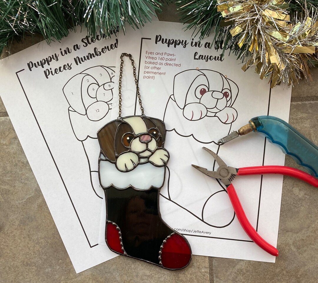 Pattern- Stained Glass Puppy in a Stocking - Etsy