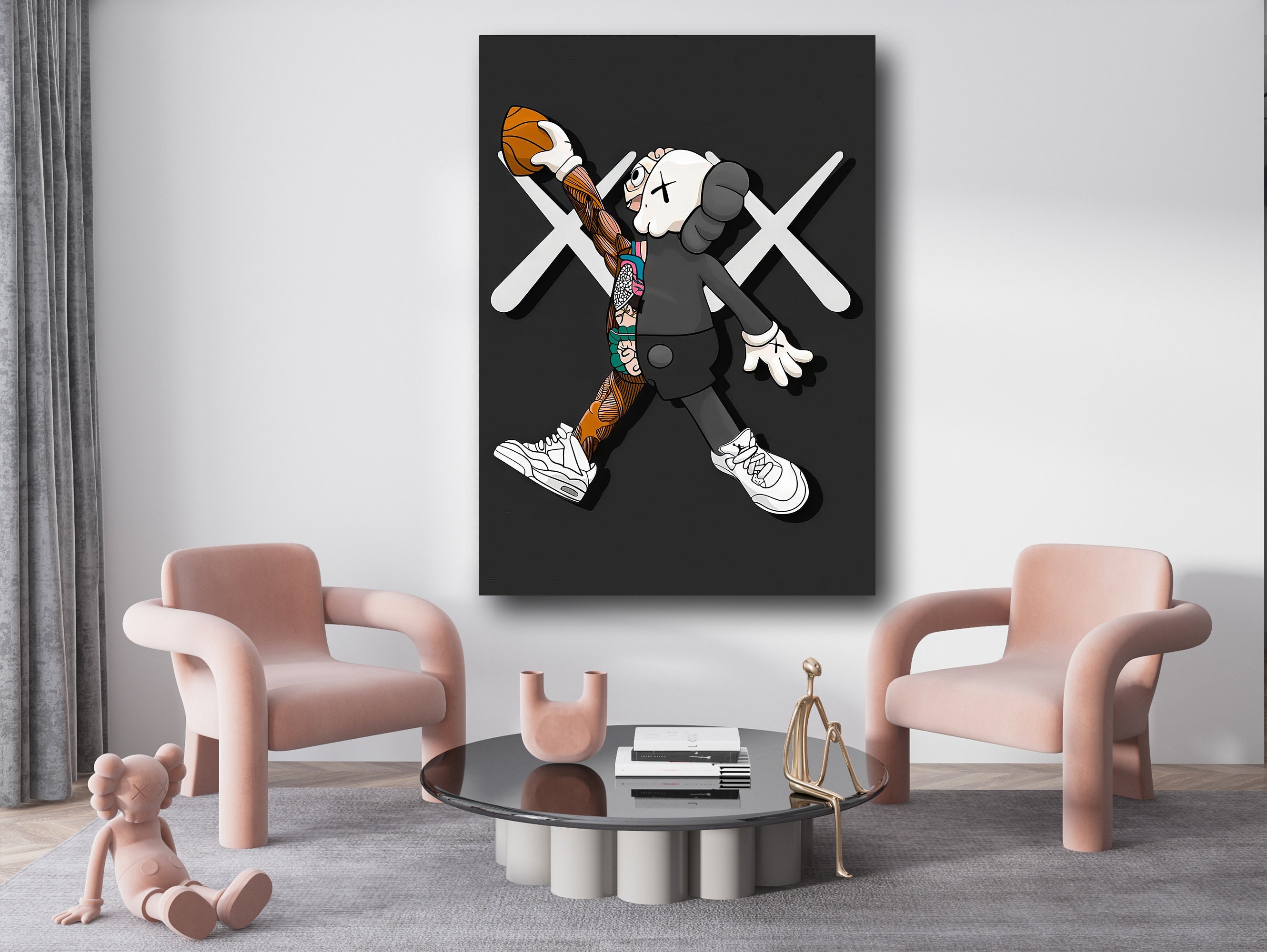 Kaws Playing Basketball Canvas, Kaws Pop Art, Kaws Prints, Cartoon Wall ...