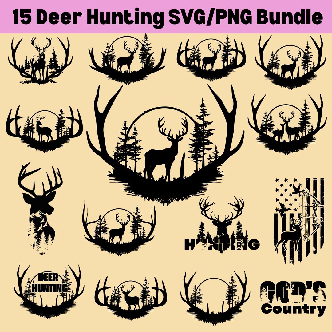 15 Deer Hunting SVG PNG Bundle | Antler Silhouette Hunting Designs for ...