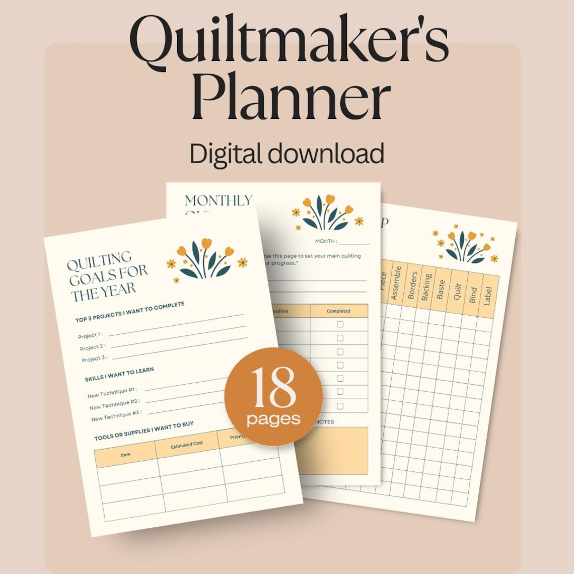 Quilt Planner, Printable Simple Quilting Journal Digital Download, Printable Quilt Planner ...