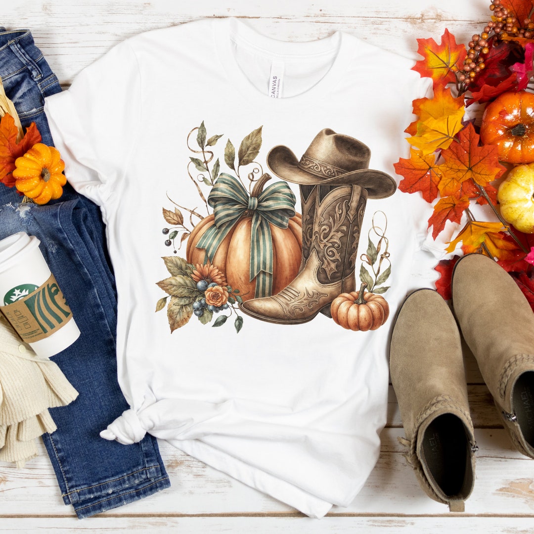Cowboy Boot & Pumpkins T-shirt; Cowboy Hat and Pumpkin Tee; Gildan Soft ...