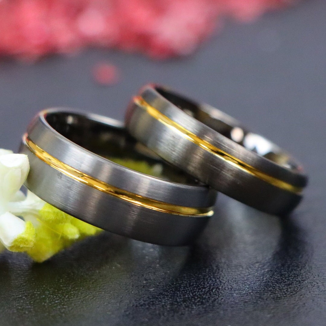 Yellow Gold Tungsten Comfort Fit Rings, Couple Matching Gunmetal ...