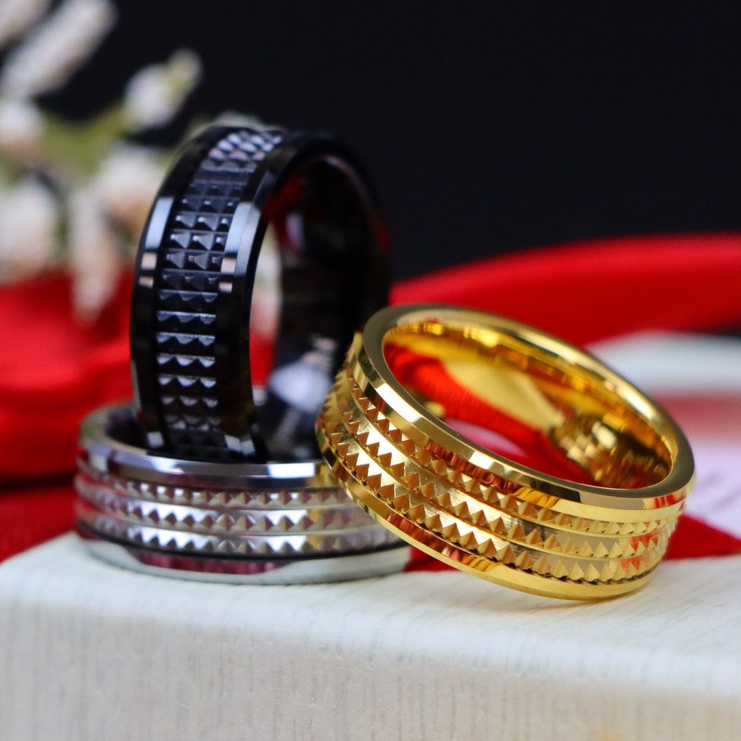 Silver Brushed Shiny Bands,yellow Gold 8mm Tungsten Rings,jagged Center ...