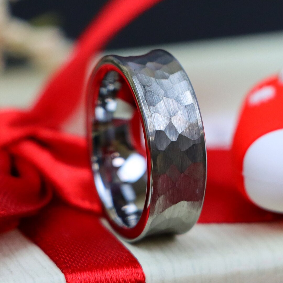 Concave Hammered Silver Tungsten Band, Best Reviewed Band, Shiny ...