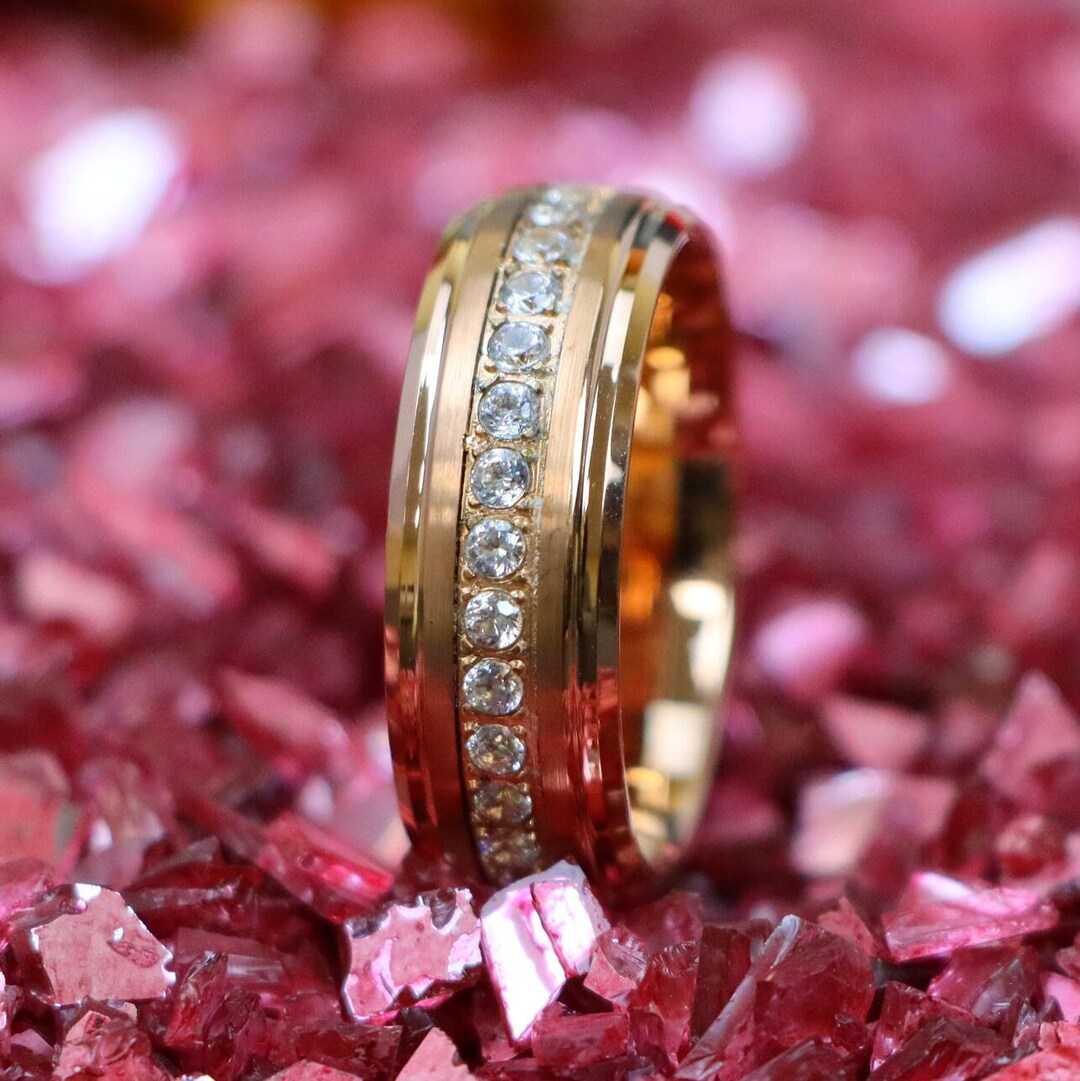 Eternity White/black Diamond Promise Rings,yellow Gold Tungsten Wedding ...