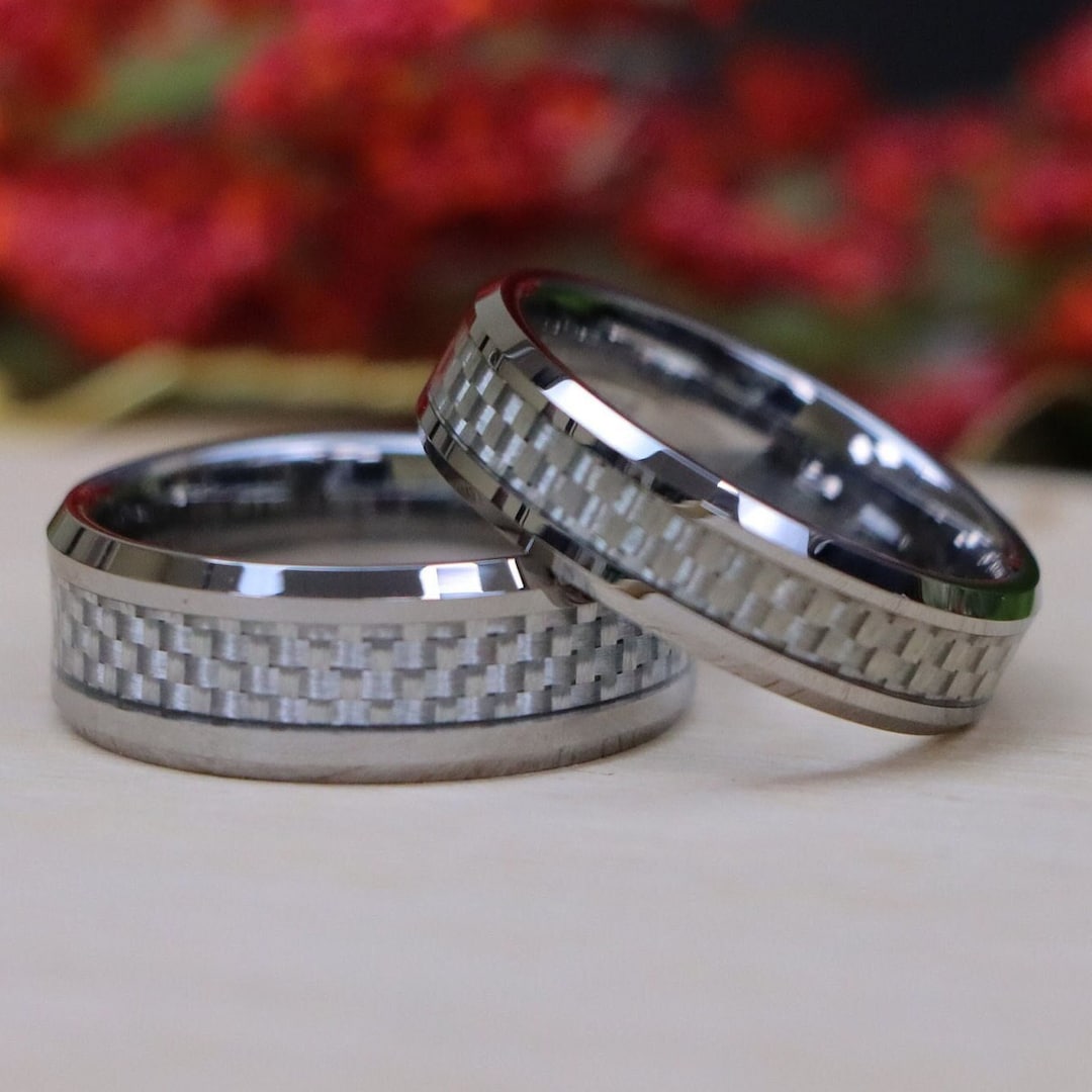 Couple Wedding Band, 6mm & 8mm Beveled Edge Tungsten Rings W/ Gray ...
