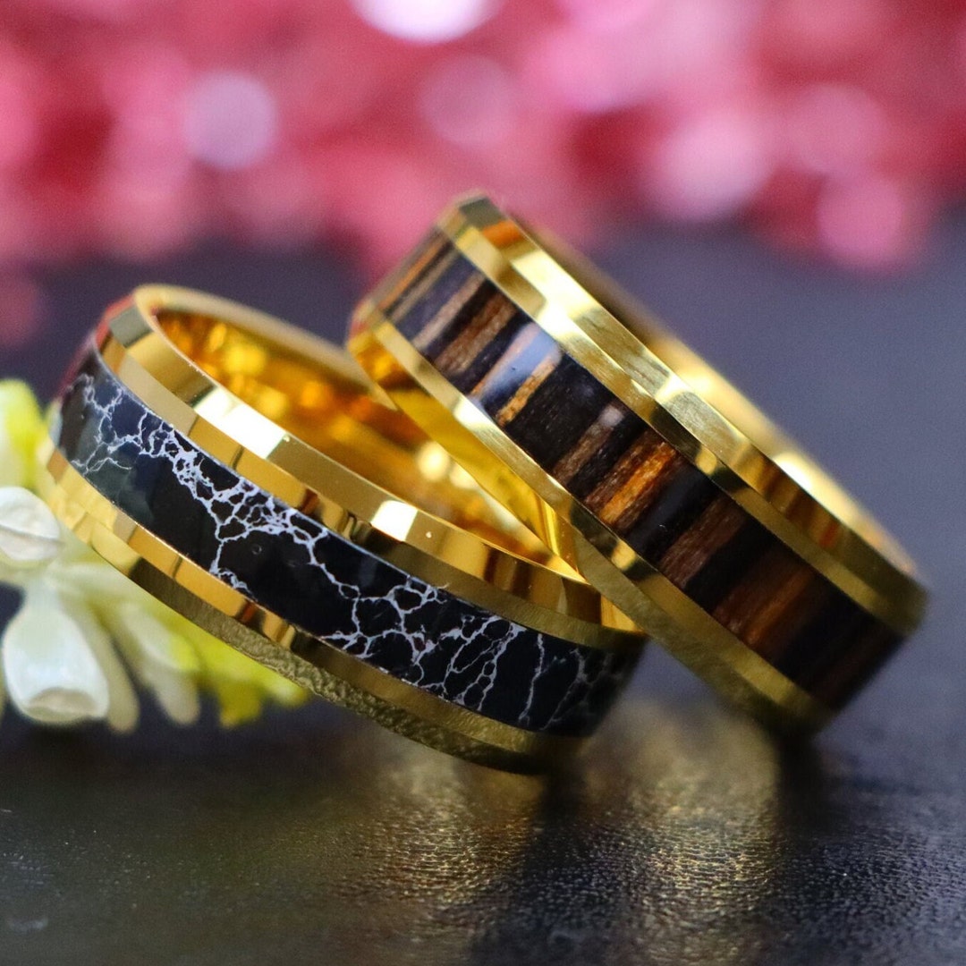 Zebra Wood Inlay Engagement Rings,black Turquoise Proposal Bands,yellow ...