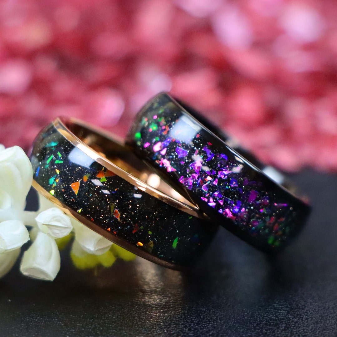Crushed Opal Inlay Black Tungsten Men's Wedding Bands Abalone Wedding ...