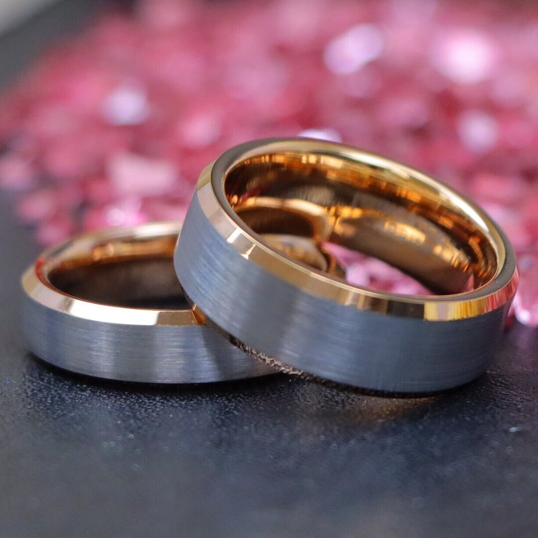 Silver Brushed Center Beveled Edges Rings,rose Gold Tungsten 6mm-8mm ...