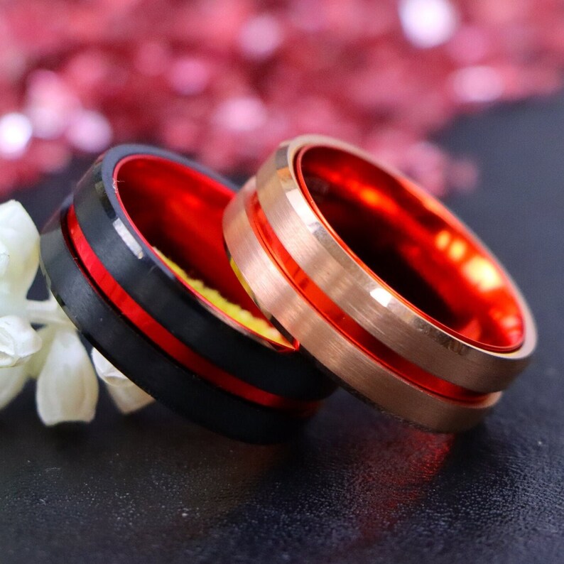 Red&black Combined Matte Finish Rings,red Center Grooved Proposal Bands ...