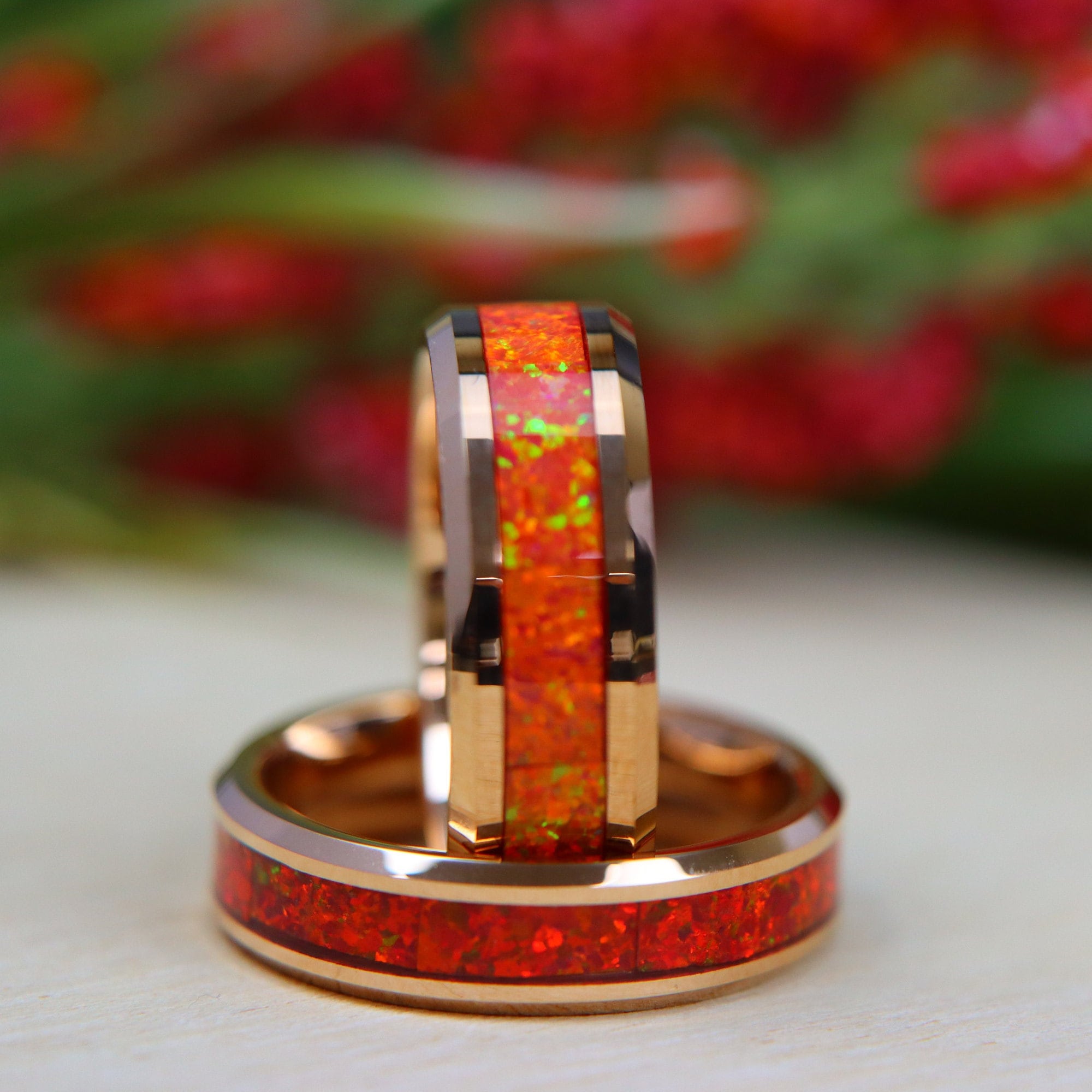 Rose Gold Tungsten Ring With Red Fire Opal Inlay Ring 6mm and 8MM Ring Red Lava Opal Wedding ...