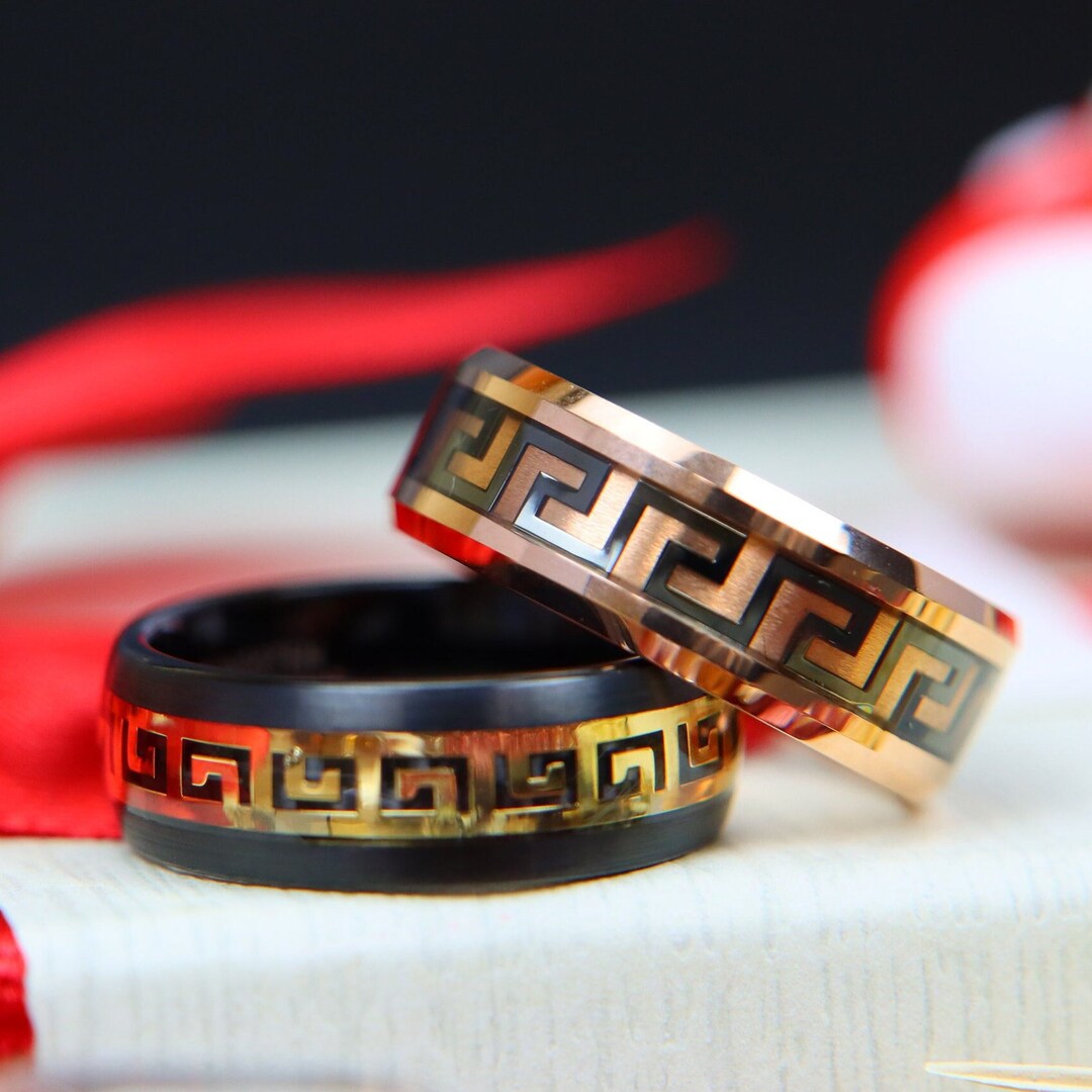 Greek Key Inlay Tungsten Wedding Rings, Rose Gold Anniversary Gifts ...