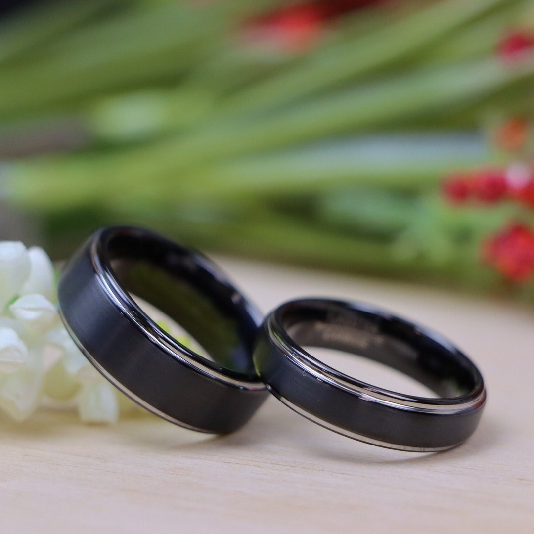 Black Tungsten Couple Rings Black Brushed Center & Silver - Etsy