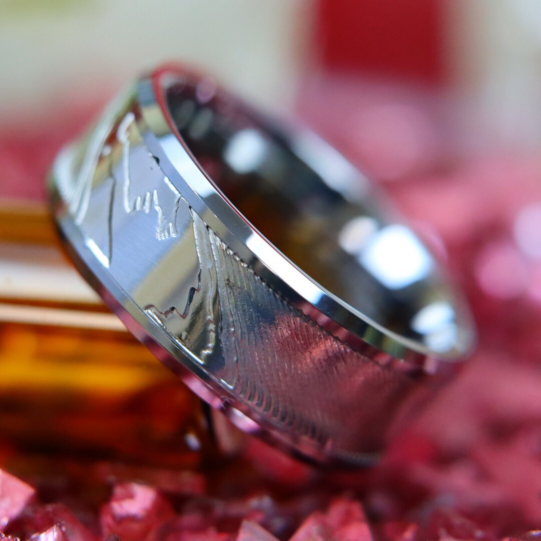 Silver Tungsten 9mm Stylish Band, Handcrafted Jewelry, Wood Carved ...