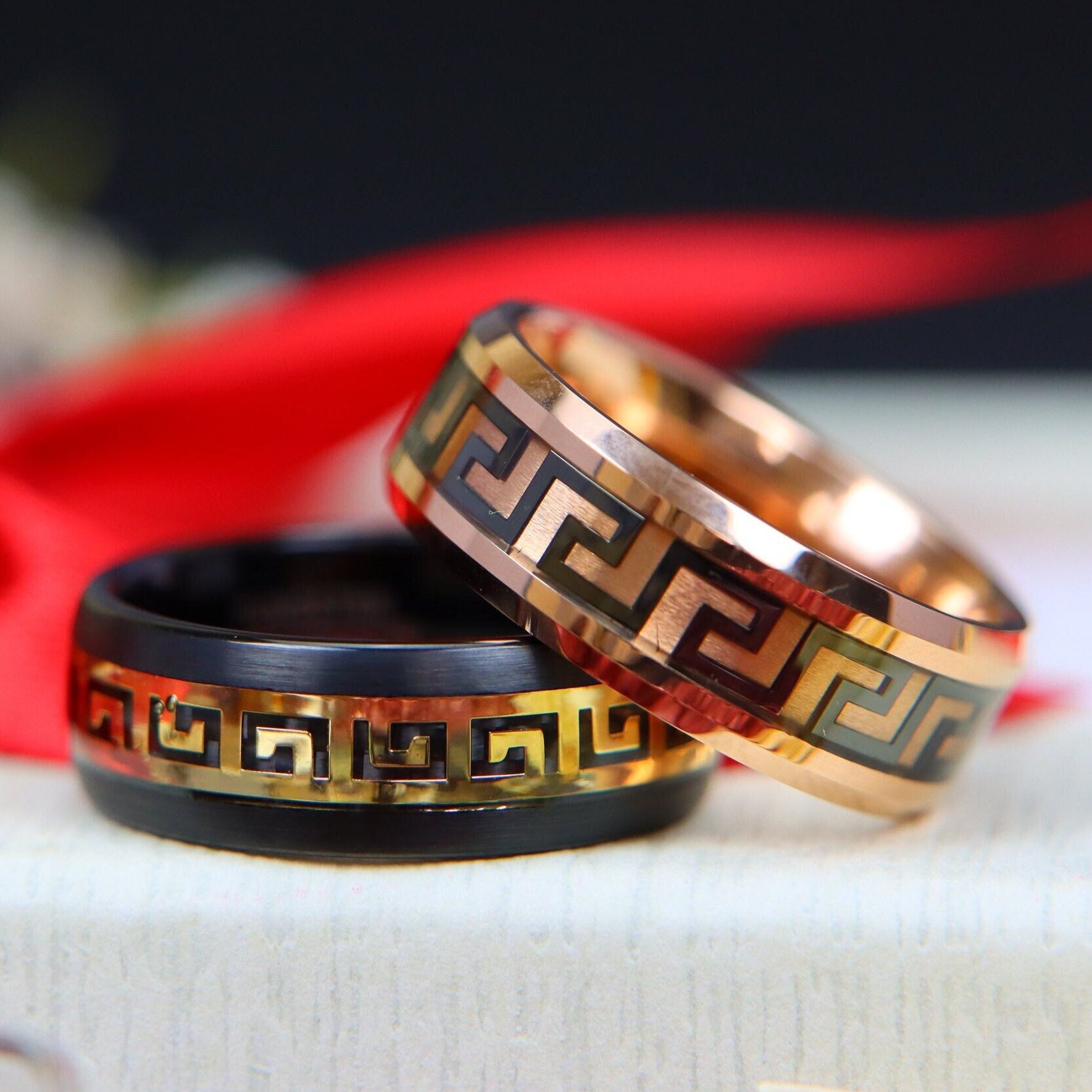 Greek Key Inlay Tungsten Wedding Rings, Rose Gold Anniversary Gifts ...