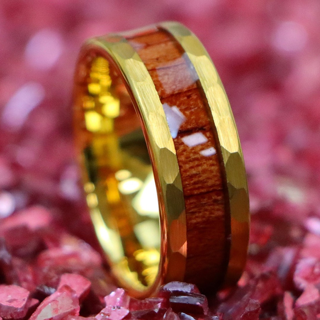 Hammered Yellow Gold Tungsten Ring, Handcrafted Jewelry, Hawaiian Koa ...
