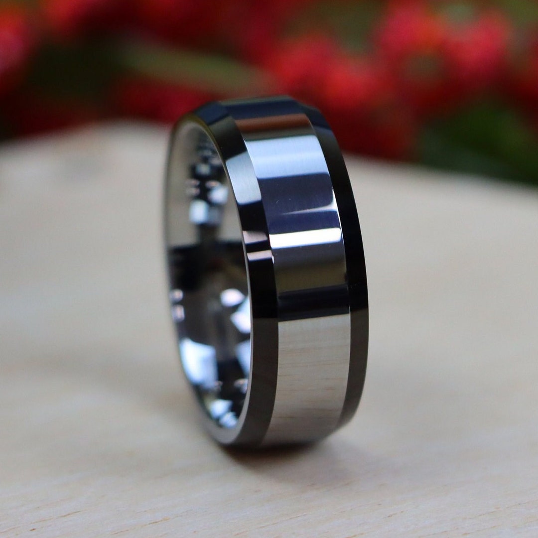 Black Tungsten 8mm Wedding Band,silver Flat Tungsten Beveled Edges Band ...