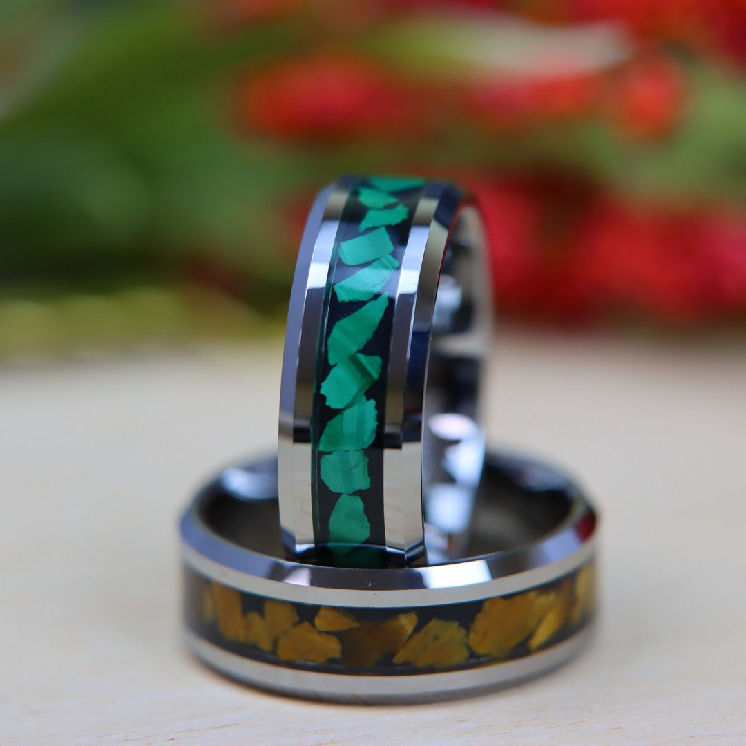 High Polished Beveled Edges Rings, Tiger Eye Chips/malachite Chips ...