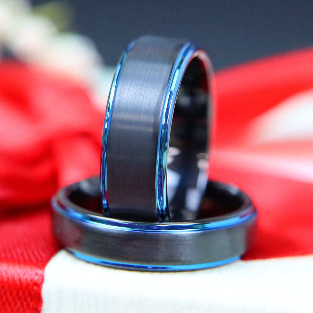 Blue Brushed Stepped Edge Rings, Affordable Couple Rings, Black ...