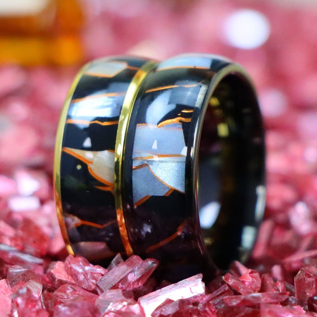 Capiz Shell Black Resin Inlay Promise Rings, Black Dome Anniversary ...