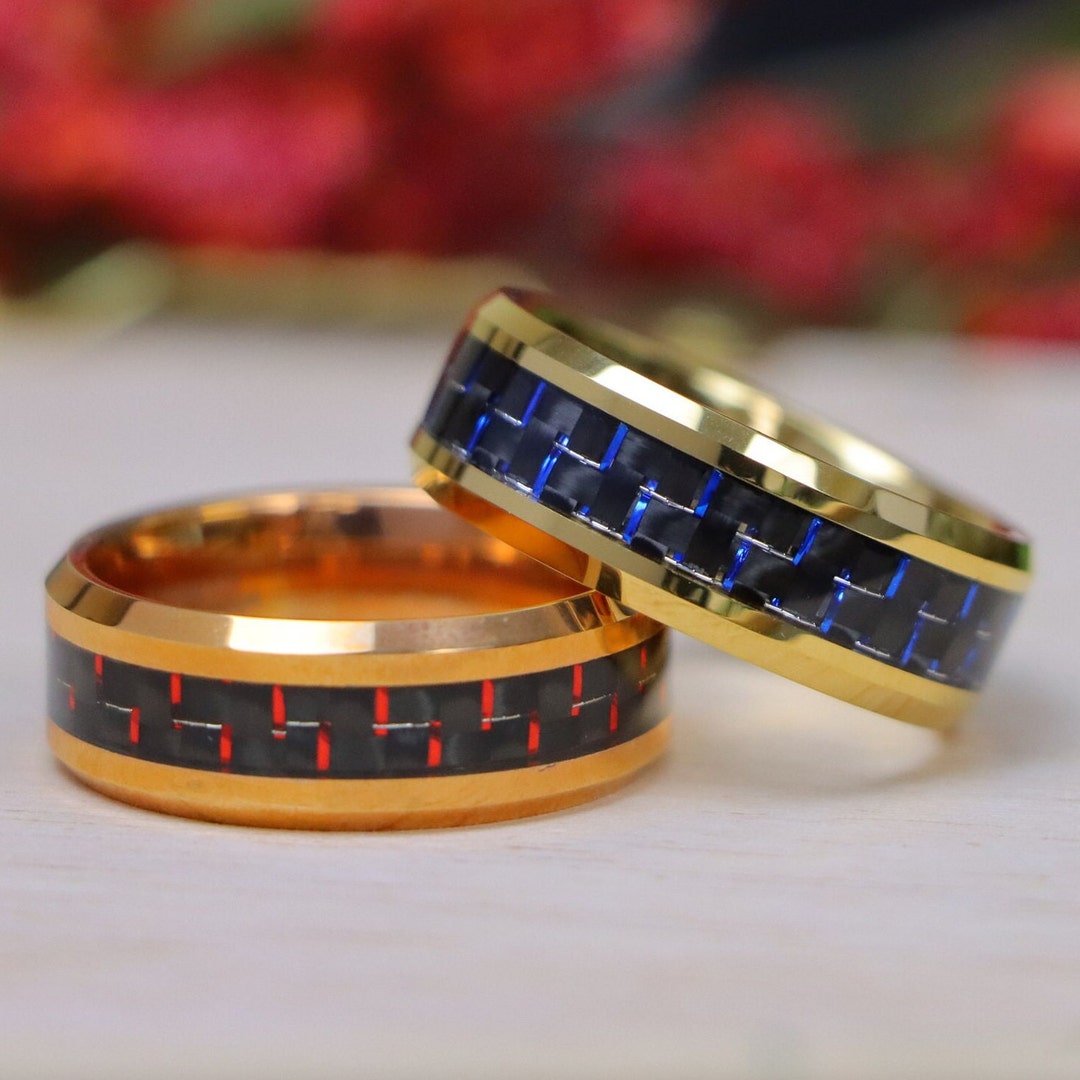 Rose Gold Tungsten Bands, Red Fiber Inlay Wedding Bands, Her Engagement ...