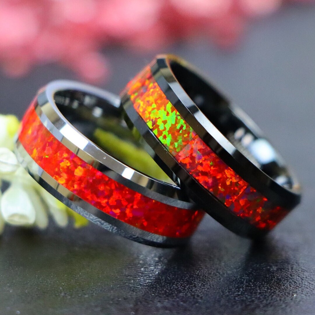 Red Opal Ring, Fire Opal Inlay Wedding Rings, Men's Tungsten Engagement ...