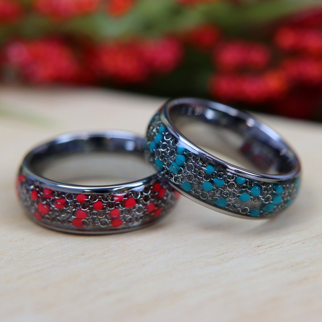 Cable Chain Blue/red Beads Inlay Rings,men's Tungsten Wedding Bands ...