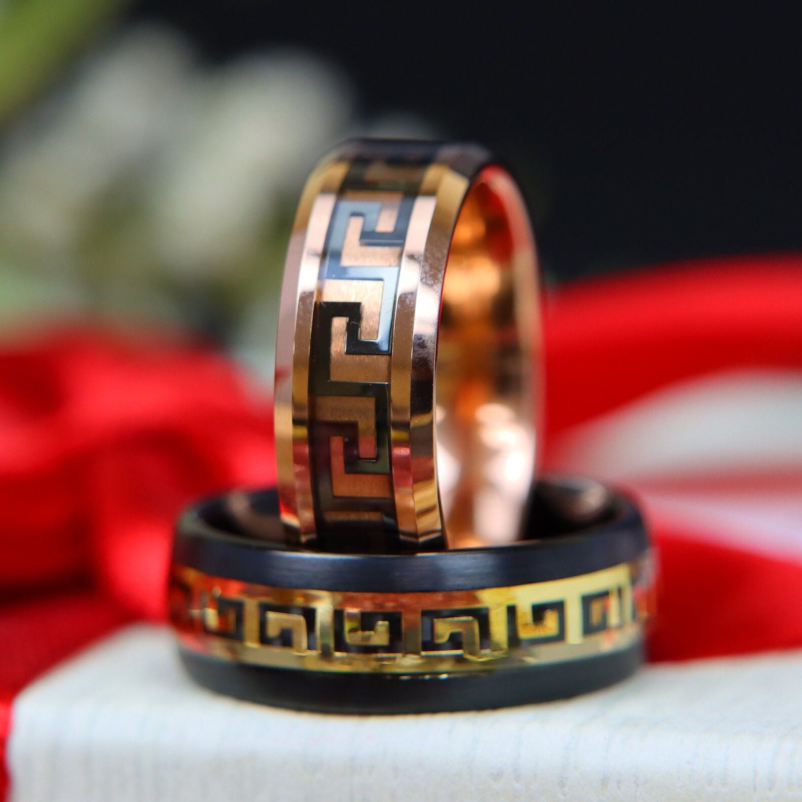 Greek Key Inlay Tungsten Wedding Rings, Rose Gold Anniversary Gifts ...