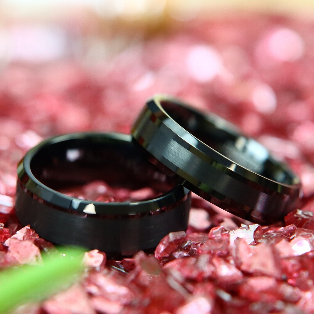 Black Brushed Anniversary Rings,shiny Lines Engagement Bands,couple ...