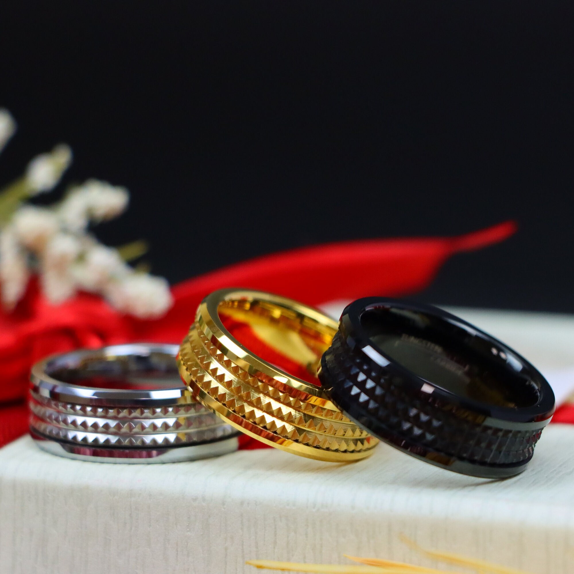 Silver Brushed Shiny Bands,yellow Gold 8mm Tungsten Rings,jagged Center ...