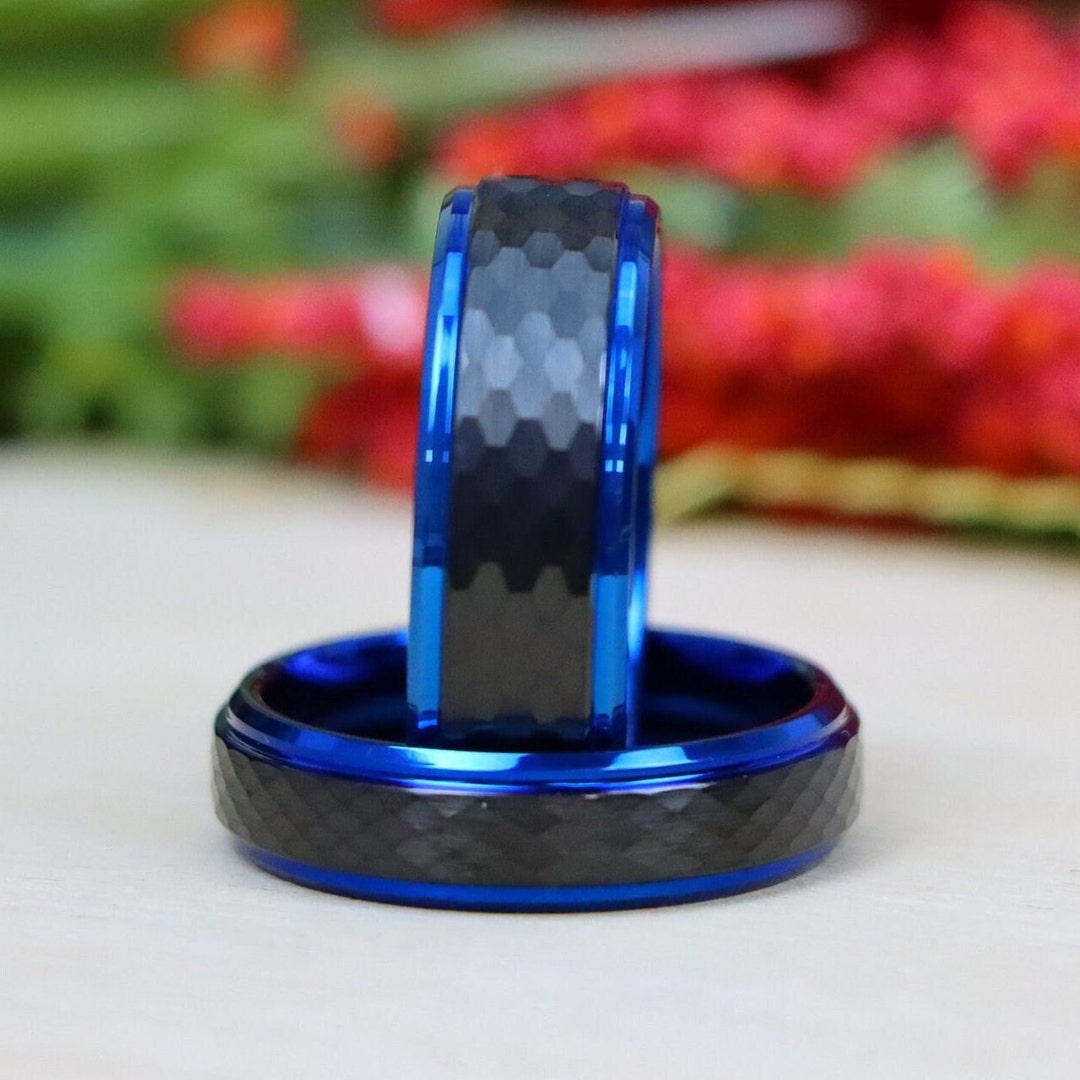 Hammered Black Tungsten Rings, Couple Matching Stylish Jewelry, Blue ...
