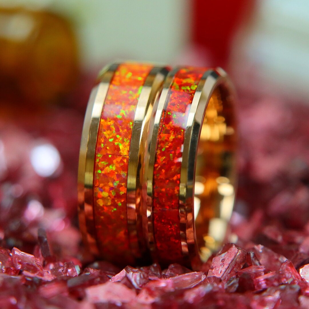 Red Fire Opal Inlay Wedding Rings,6mm,8mm Anniversary Rings,rose Gold ...