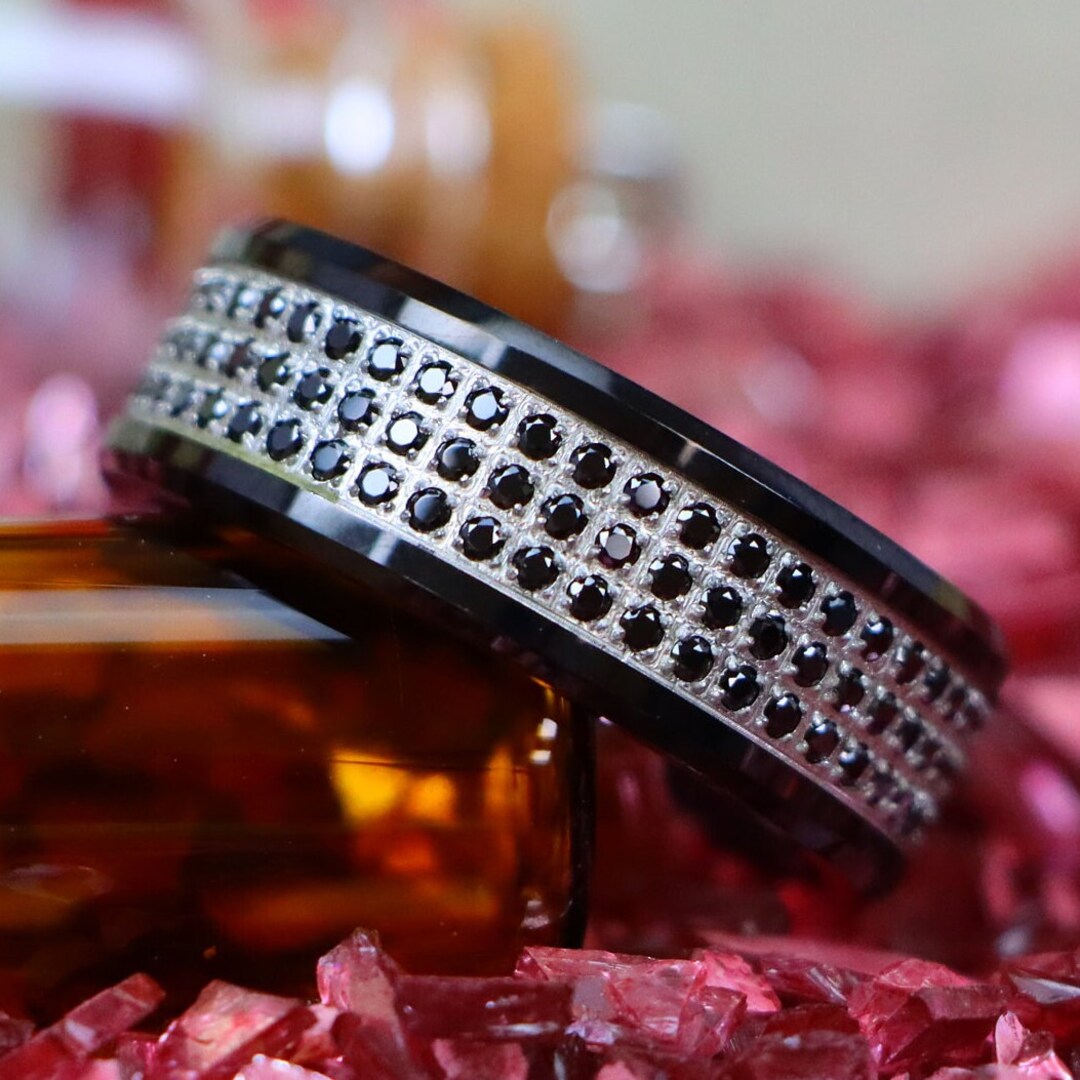 Three Rows of Black Sapphire Diamond Ring, Affordable Unisex Ring ...