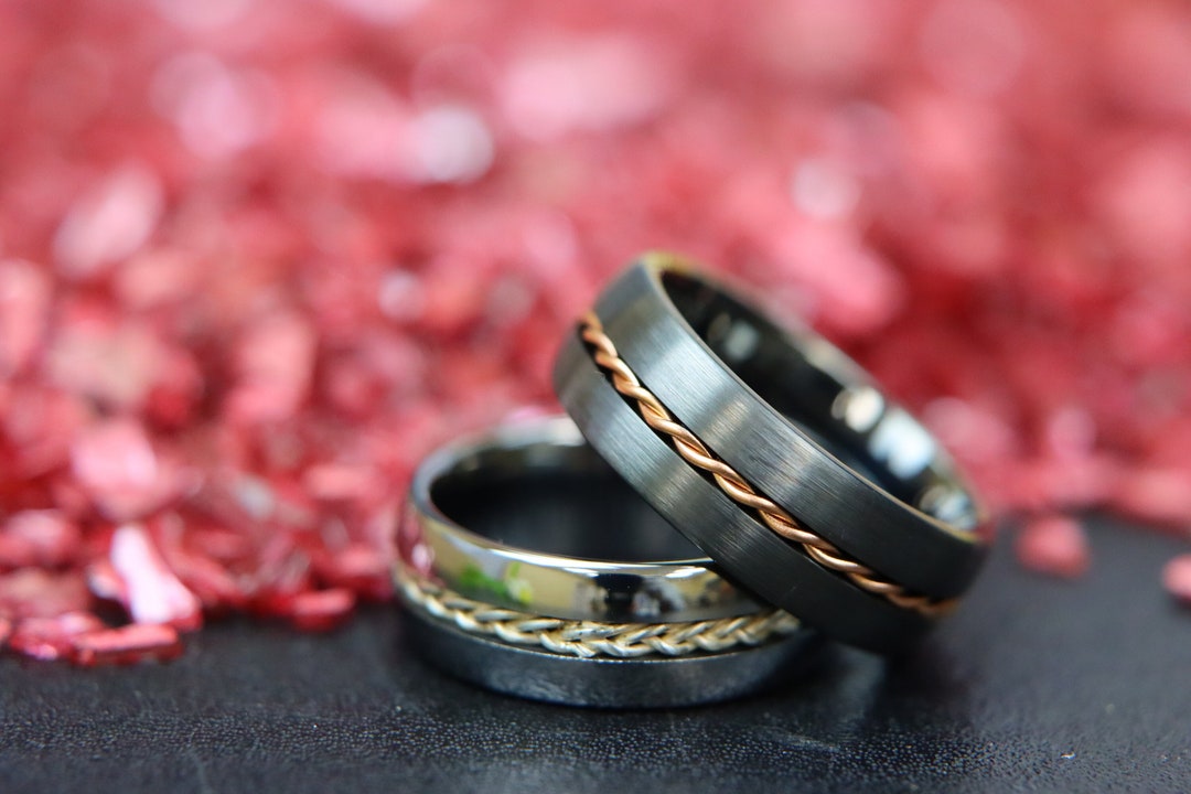 Gunmetal Ring With Rope Inlay Dome Shape Wedding Bands Silver - Etsy