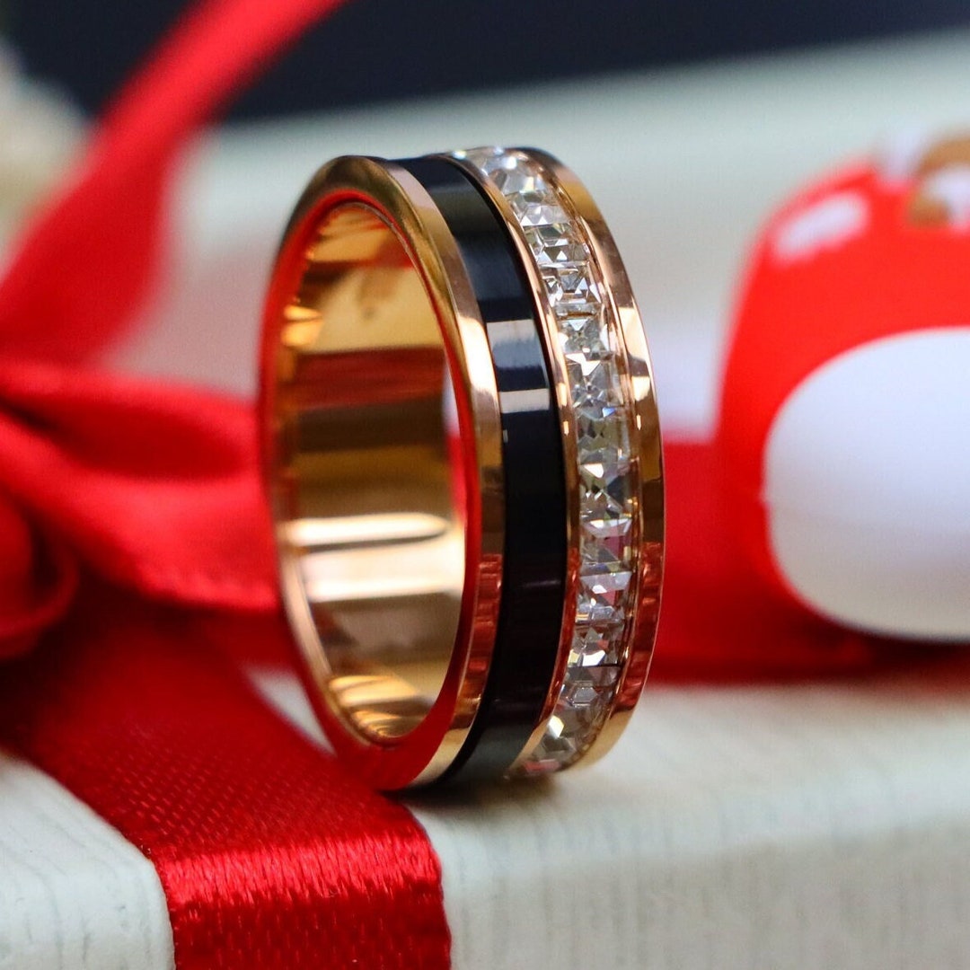 Black Titanium Spinner Promise Band,princess Cut Diamond Pretty Ring ...