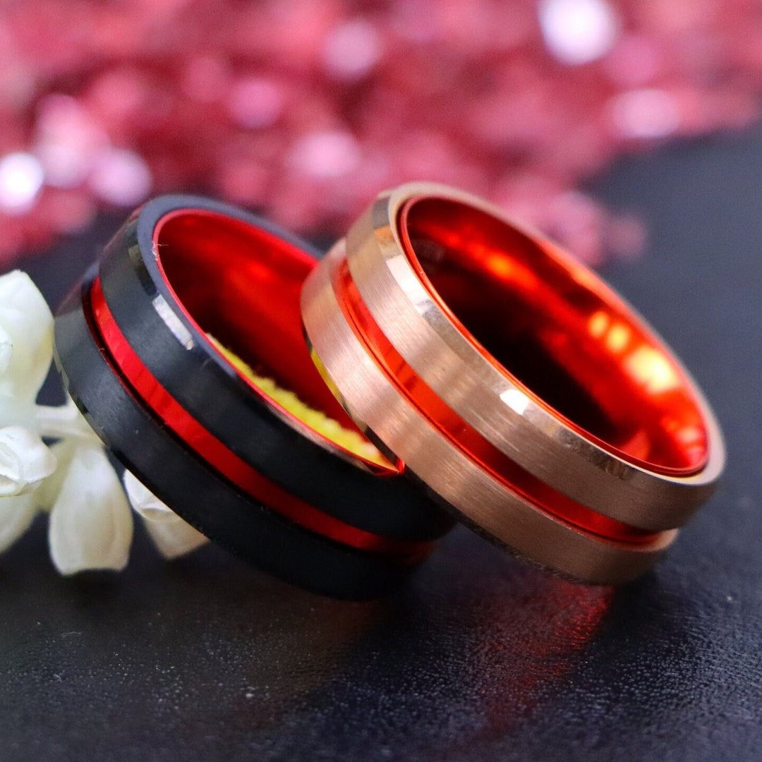 Red&black Combined Matte Finish Rings,red Center Grooved Engagement ...