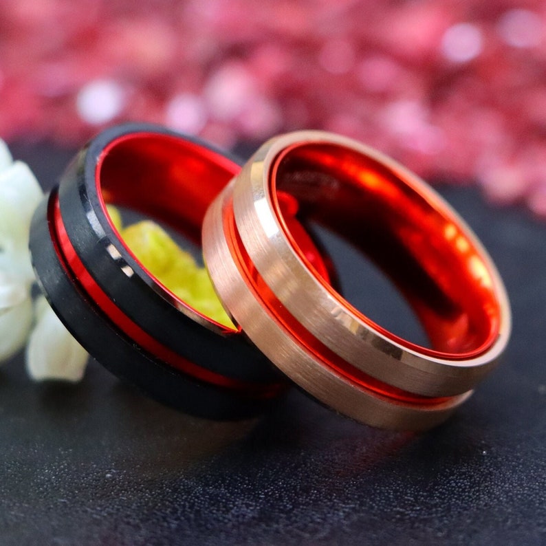 Red&black Combined Matte Finish Rings,red Center Grooved Proposal Bands ...