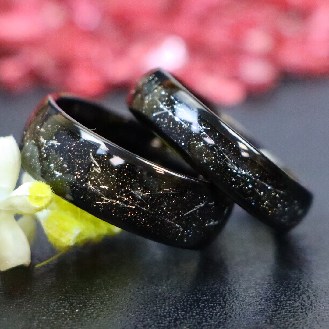 Black Tungsten Galaxy Meteorite Inlay Ring, Black Tungsten Mens and ...
