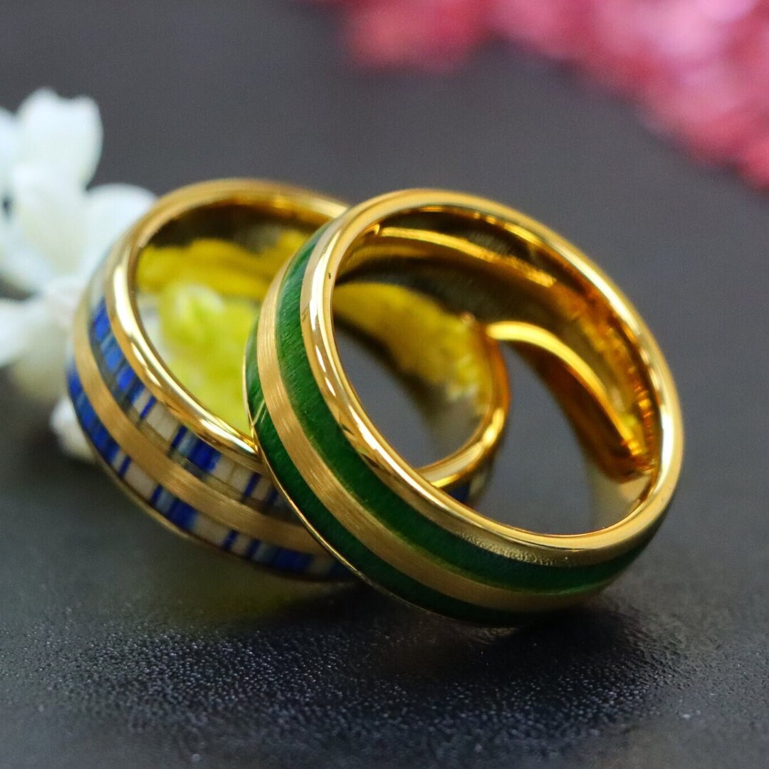 Exotic Green Wood Inlay Engagemnet Bands,blue Dyed Bamboo Inlay Promise ...