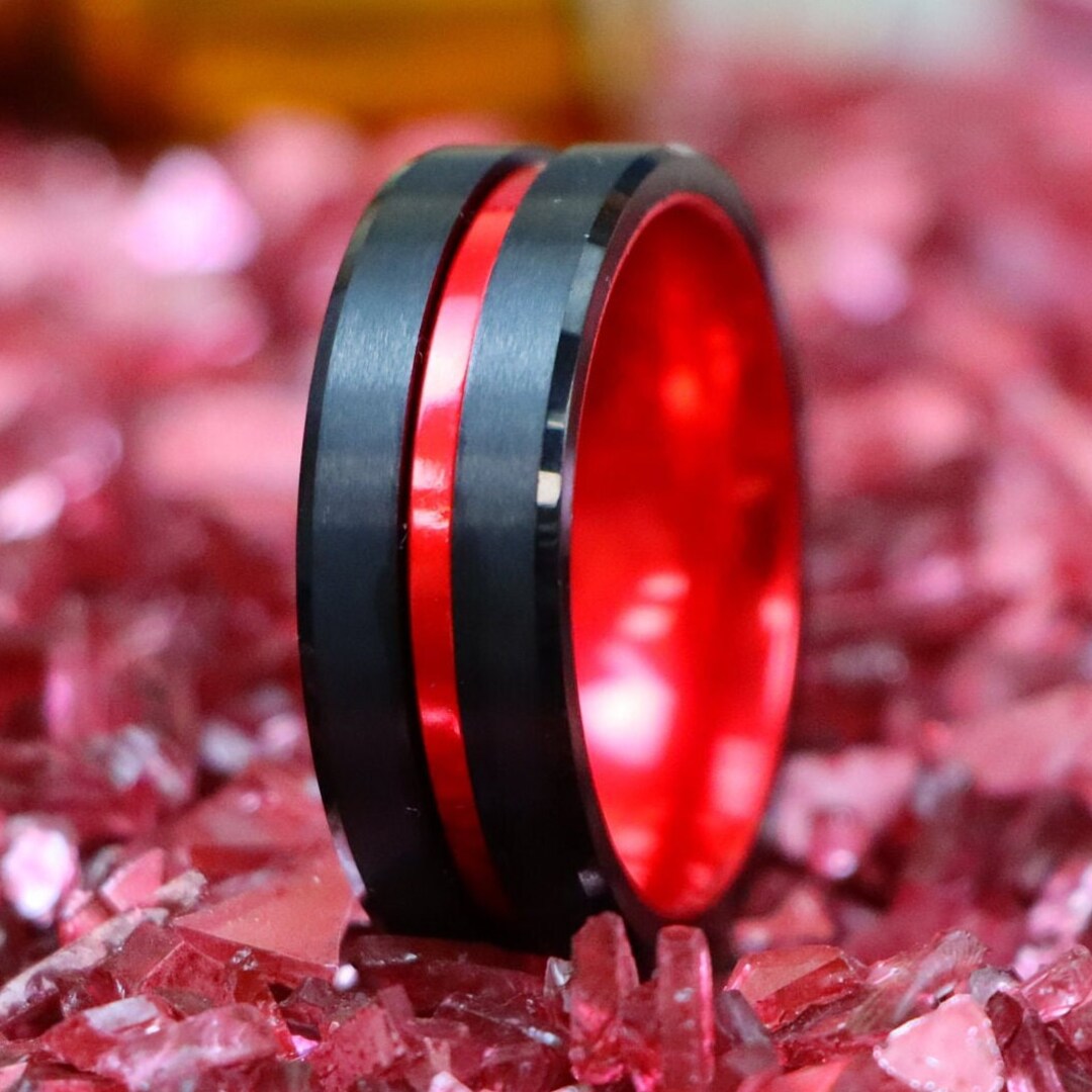 Red and Black Combined Matte Finish Red Center Grooved, Wedding Band ...