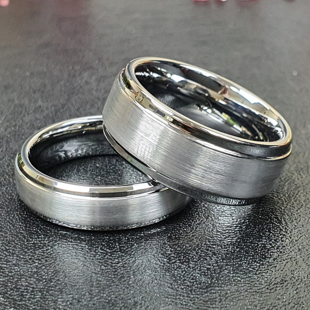 Brushed Finish Center Shiny Beveled Couple Ringsunique - Etsy