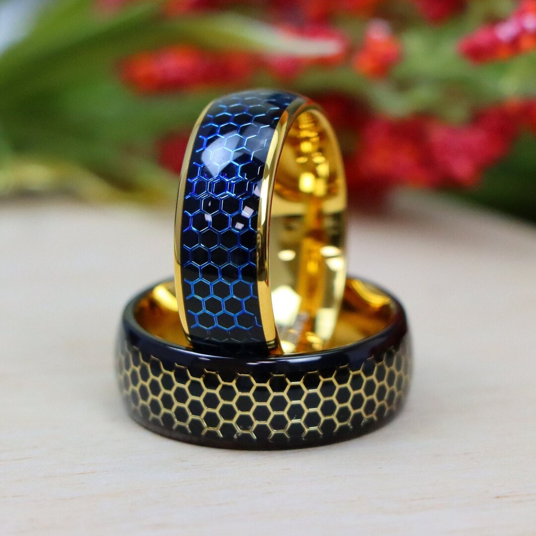 Honeycomb Patten Inlay Rings, Yellow Gold Tungsten Wedding Bands, His ...