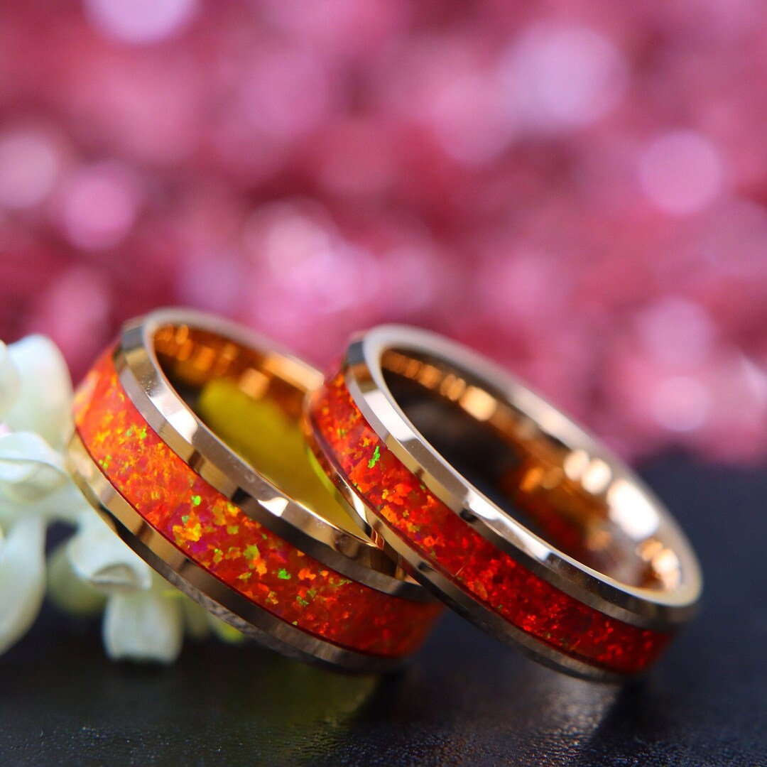Red Fire Opal Inlay Wedding Rings, Couple Perfect Engagement Bands ...