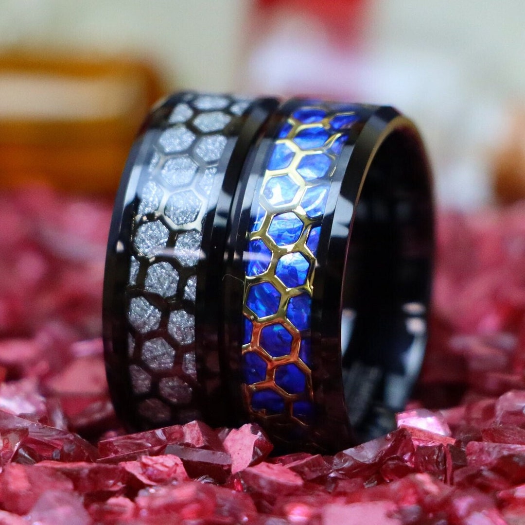 Blue Opal Inlay Couple Bandswomen's Honeycomb Pattern - Etsy