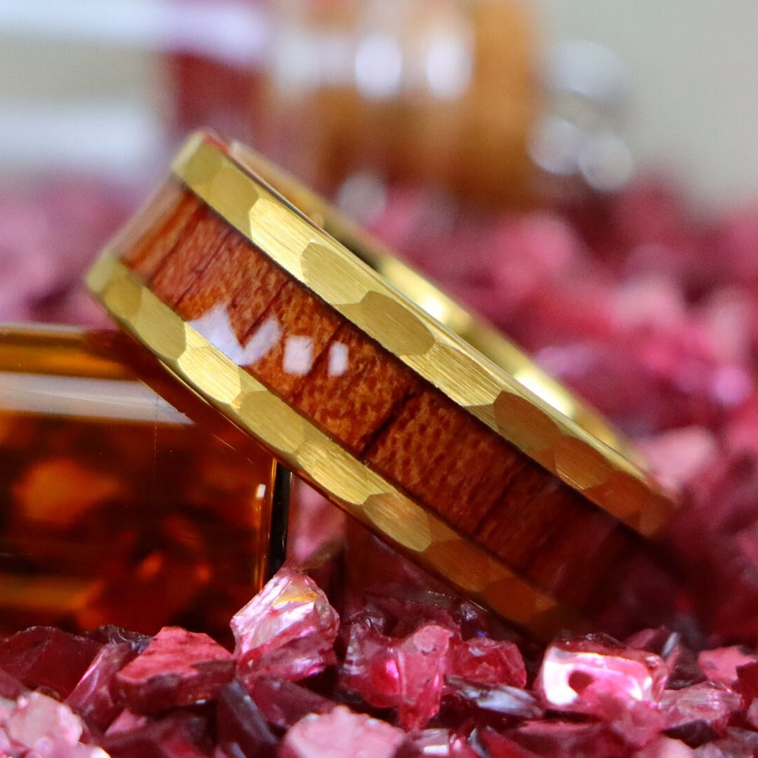 Hawaiian Koa Wood Inlay Band, Handcrafted Jewelry, Hammered Yellow Gold ...